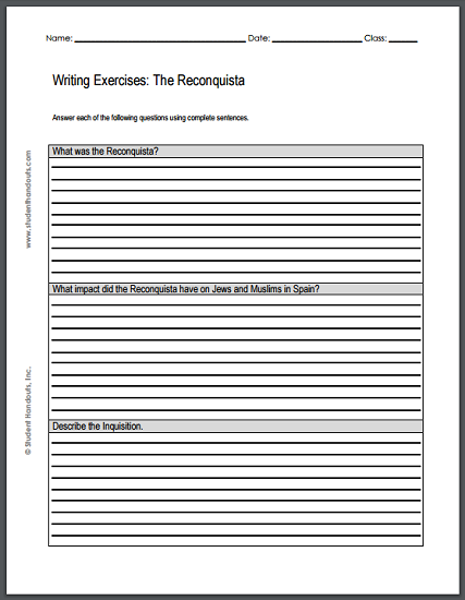 Spanish Reconquista Writing Exercises | Student Handouts