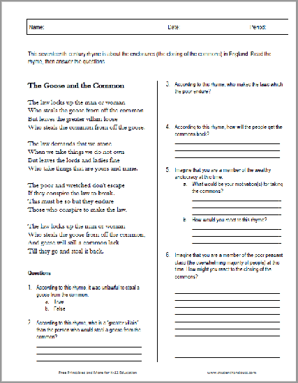 The Goose and the Common Worksheet | Student Handouts